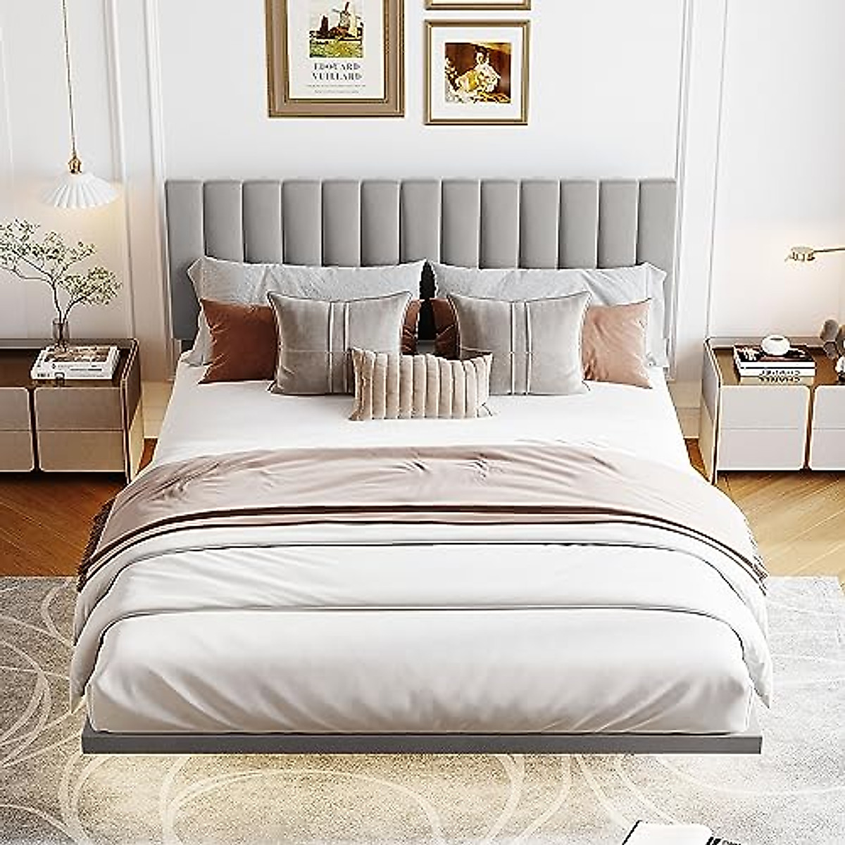 Queen Size Upholstered Platform Bed with Sensor Light and Headboard, Floating Velvet Design, Sturdy Wood Frame, No Box Spring Needed, Gray