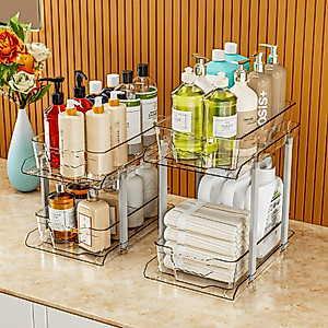 Yieach 2 Sets 9.7" Tall Under Sink Organizers And Storage,Multi-Purpose 2 Tier Under Bathroom Sink Organizer and Under Cabinet Storage,Clear Pull Out Medicine Cabinet Organizer With 8 Movable Dividers