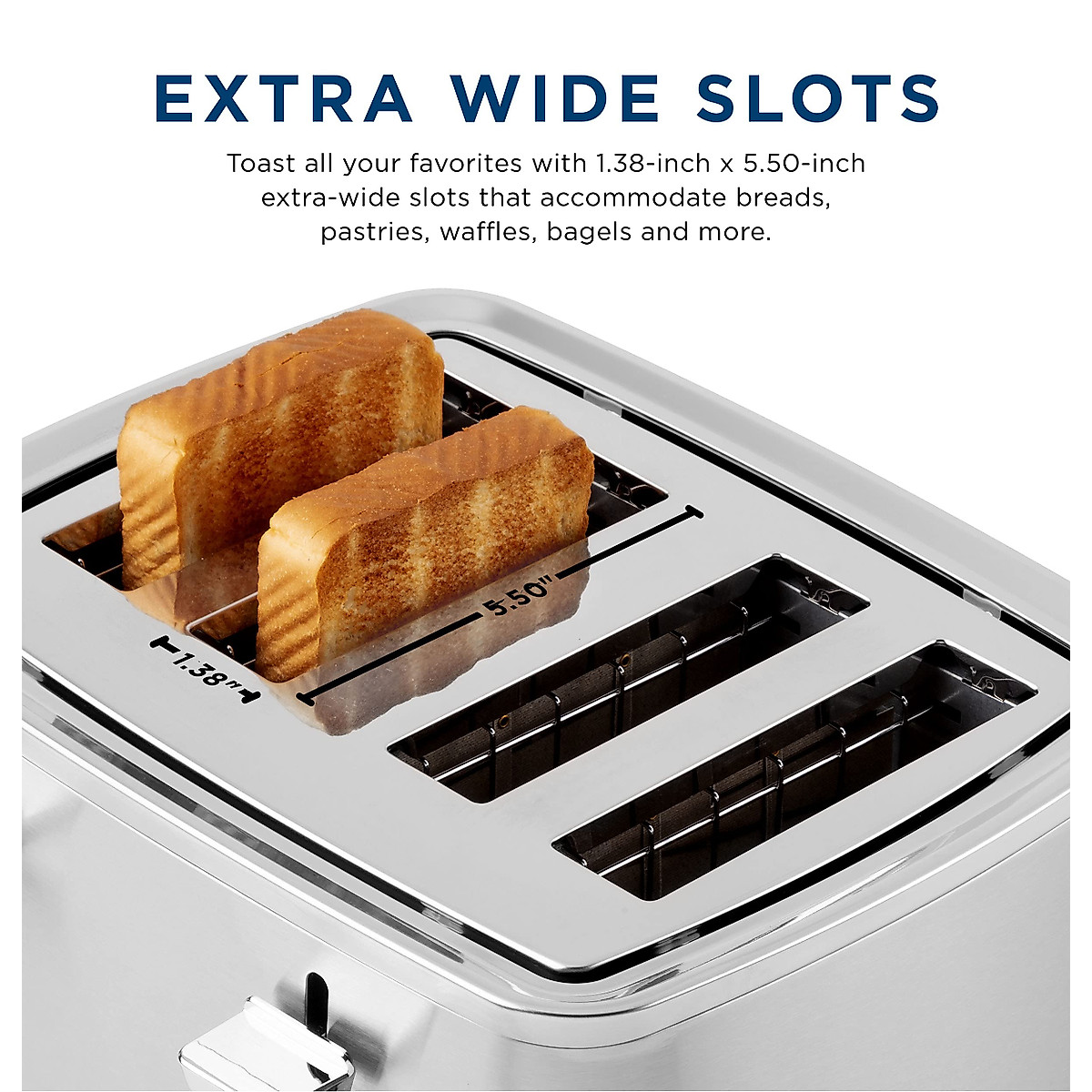 GE Stainless Steel 4 Slice Toaster | Extra Wide Slots for Bagels, Breads, Waffles & More | 7 Shade Options | Countertop Kitchen Essentials | 1500 watt