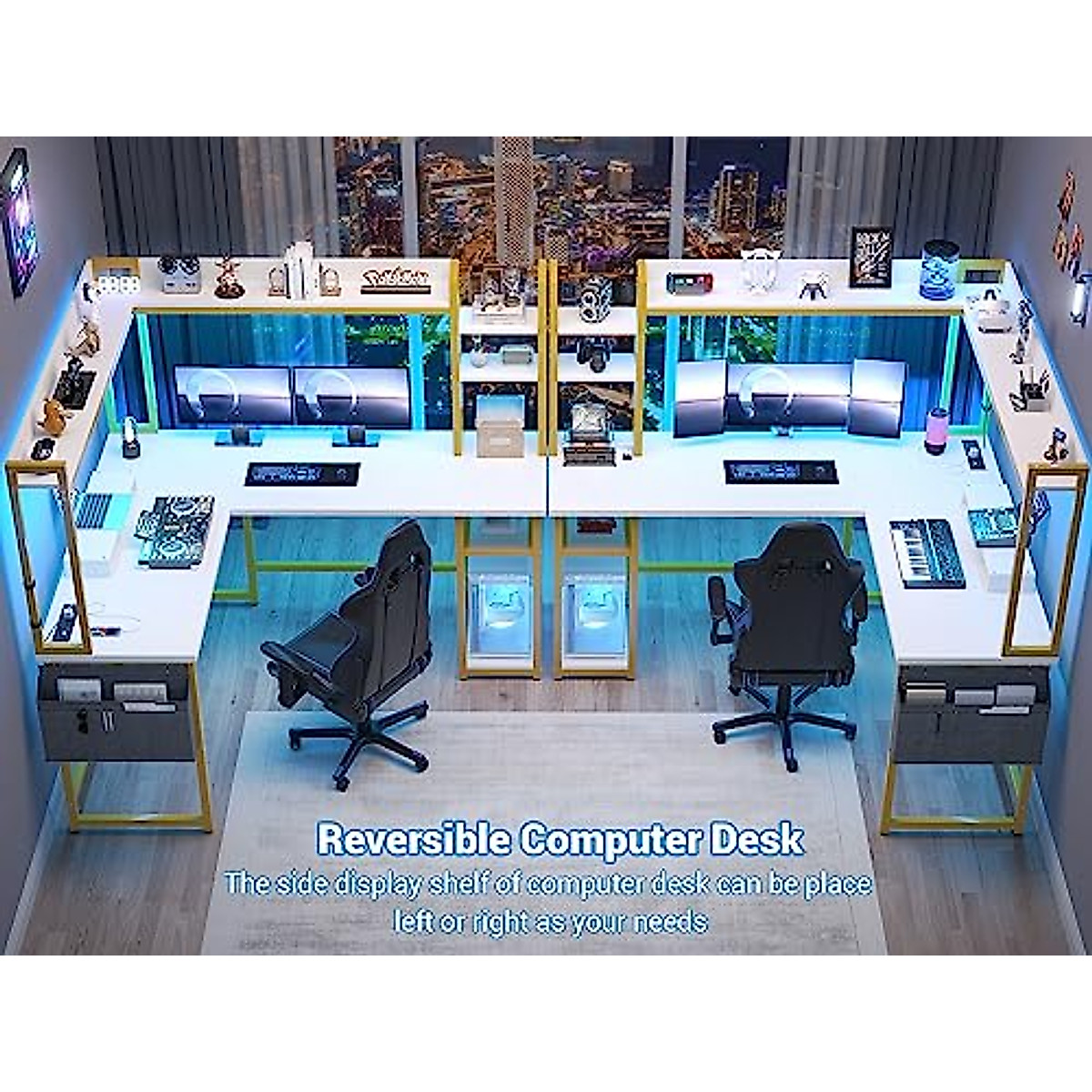 Aheaplus L Shaped Desk with Power Outlet, L Shaped Gaming Desk with Led Light & Hutch, Reversible Home Office Desk, Corner Computer Desk Writing Desk with Monitor Stand & Storage Shelf, White+Gold