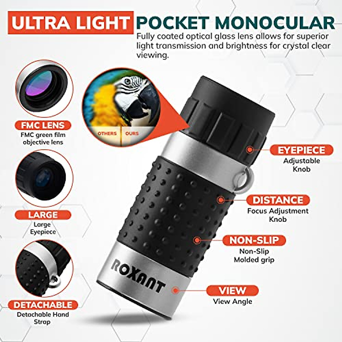 Roxant Monocular Telescope - High Definition Ultra Light Pocket Telescope - Includes Compact Monocular, Neck Strap & Cleaning Cloth, Monoculars for Adults, High Powered Handheld Telescope