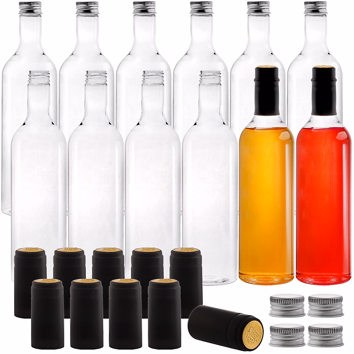 WUWEOT 12 Pack Plastic Wine Bottles, 750ml Clear Empty Bordeaux-Style Liquor Bottles with Screw Lid and Shrink Capsules Caps
