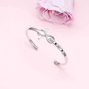 925 Sterling Silver Bible Verse Engraved Be Fearless Faith Over Fear Infinity Love Heart Cross Charm Cuff Bangle Sideways Cross Bracelet Religious Jewelry for Women Daughter Catholic