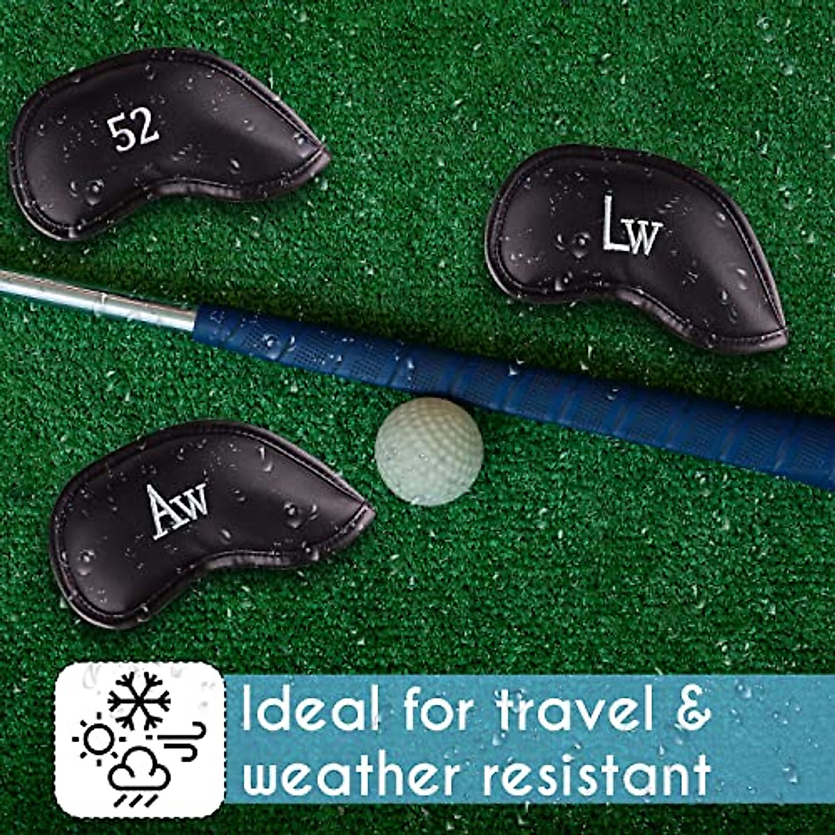 All Teed Up Premium Magnetic Leather Iron and Wedge Golf Club Head Covers | Set of 10 | Fits Most Clubs | Embroidered Club Label on Both Sides of Club Head Cover