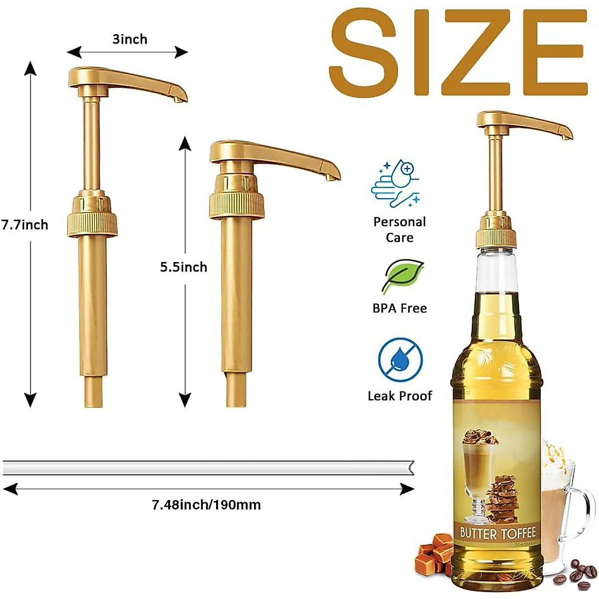 DupakSYS Premium 8 Packs Coffee Syrup Pump Dispenser, Fits 25.4 Oz/750ml Coffee Flavoring Syrup Bottles, No Dripping, Great for Home & Coffee Bar Drinking Mixes, Tea, Beverage, Cocktails, Free Spoons (Gold)