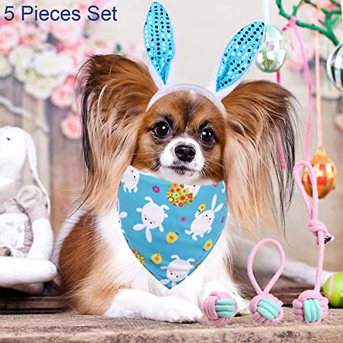 Dog Easter Bunny Costume, 5 Pieces Sequin Pet Rabbit Ears Headband Headwear, Rabbit Egg Bandana, Teething Chew Rope Ball Toy Set, Dog Easter Costumes for Small Medium Dogs Puppy Party Accessory (Blue)