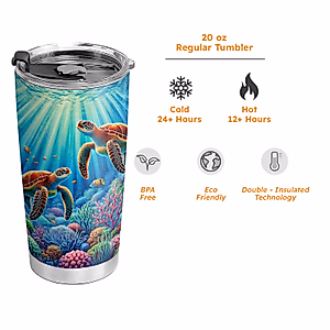20oz Sea Turtle Tumbler, Gifts for Turtles Lovers, Ocean, Beach Gifts, Coffee Thermos for Women, Men, Stainless Steel Double Wall Vacuum Insulated Coffee Mug, Travel Cup with Lid