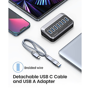 ORICO USB Hub 10Gbps with 7 USB A Ports, USB 3.2 Gen 2 Hub with 1.64Ft USB-C Cable and USB-A Adapter USB Splitter for iMac, All MacBooks, Mac Mini-Plastic Version