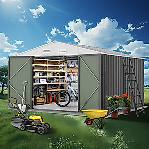 Zstar 12 x 10 FT Outdoor Storage Shed with Singe Lockable Door, Large Metal Tool Sheds with Sloping Roof & Frame Structure, Waterproof Metal Garden Sheds for Backyard, Patio, Outside Use, Gery