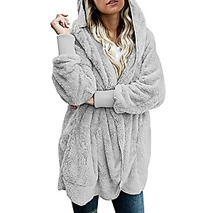 Dokotoo Grey Loose Oversized Fuzzy Fluffy Sherpa Winter Fleece Hoodies Cardigans Sweaters Jackets Coats Outerwear for Women Large