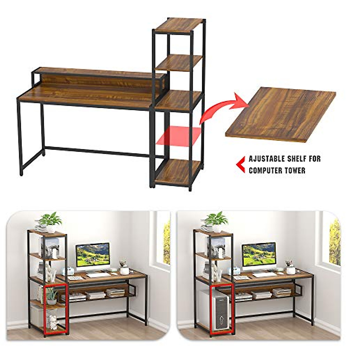 Teraves Computer Desk with 5 Tier Shelves,Reversible Writing Desk with Storage 41 Inch Study Table for Home Office Independent Bookcase and Desk for Multiple Scenes (Desk+Shelves(41in), Teak)