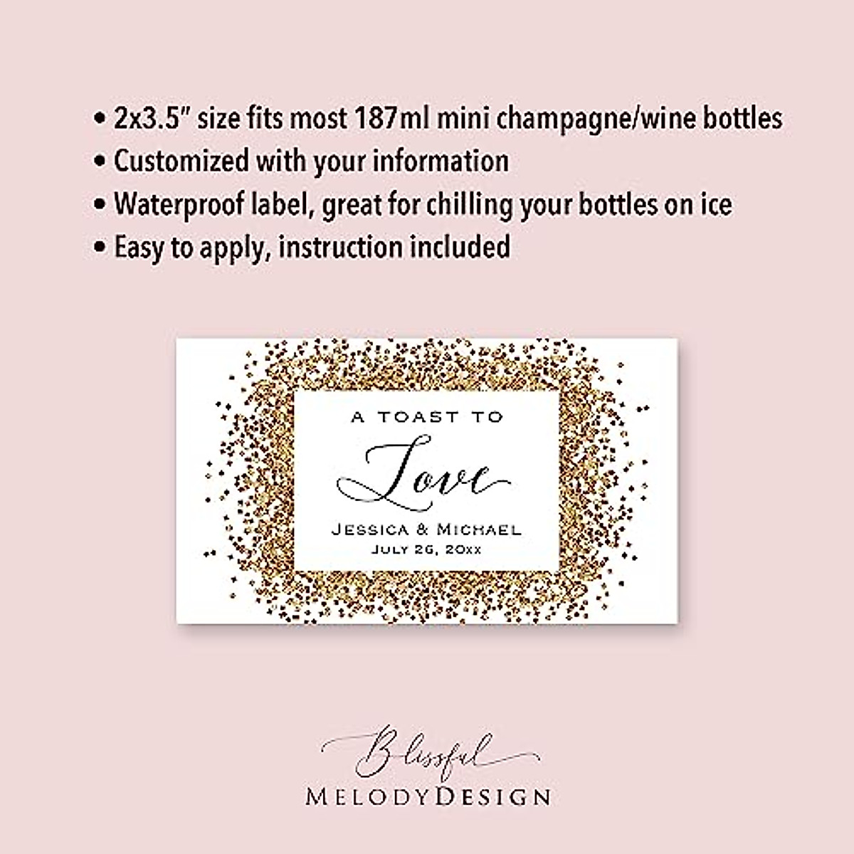 A Toast to Love - Custom Gold Glitter(Not Real Foil) Mini Champagne Bottle Label, Personalized Waterproof Mini Wine Bottle Sticker for Wedding Anniversary Bridal Shower Birthday Party
