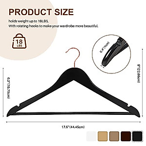 HOUSE DAY Premium Wooden Hangers Black with Non Slip Pants Bar Smooth Finish Solid Wood Coat Hanger 360° Swivel Rose Gold Hook Cut Notches for Suit, Jacket, Dress, Heavy Duty Clothes Hangers 20 Pack