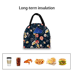 Flower Lunch Bag Tote Bag Leakproof Cooler Bag Floral Lunch Box with Front Pocket Water-resistant Thermal Lunch Bags Organizer Lunch Holder for women/Picnic/Hiking/Beach/Work