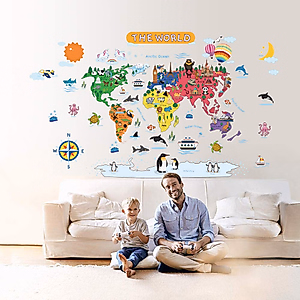 Removable Cartoon Animals World Map Wall Decals Large Educational Animal Landmarks World Map Peel & Stick Wall Sticker Decor for Kids Bedroom Living Room Classroom Nursery Home Walls (L 36"x45")