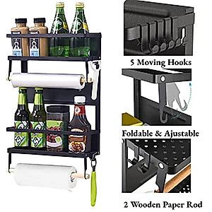Couah Foldable Refrigerator Organizer Magnetic Fridge Spice Rack Paper Towel Holder Multi-Purpose Kitchen Storage Shelf Rustproof Spice Jars Holder, Black