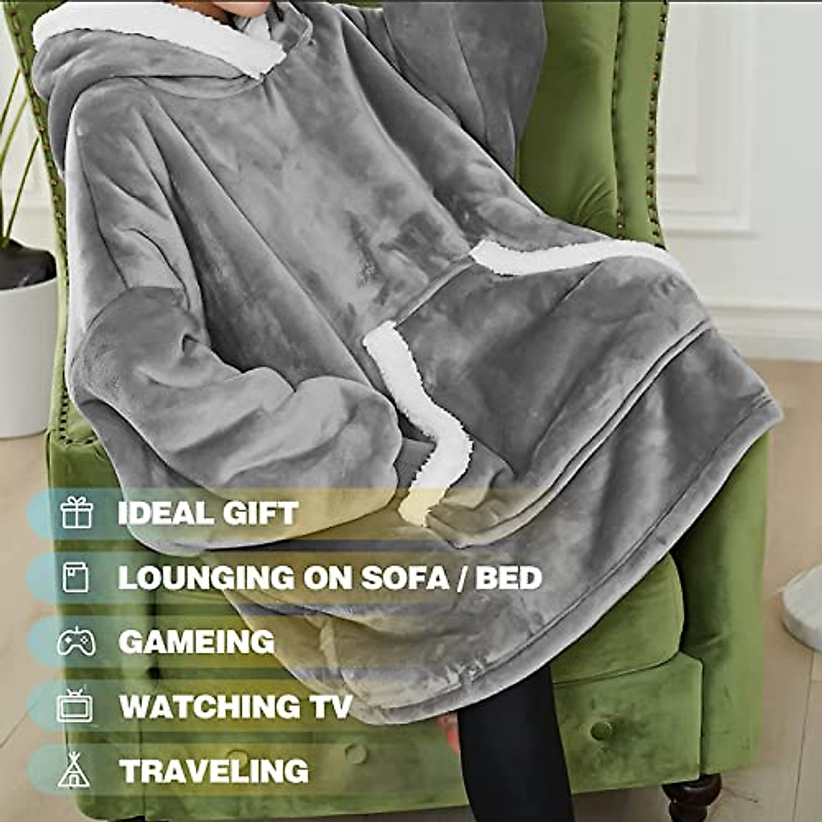 Reversible Sherpa Lined Wearable Blanket with Hood Pocket, Soft Warm Blanket Sweatshirt Washable Blanket Hoodie for Great Gift Adult Men and Women-Dark Gray-Oversized