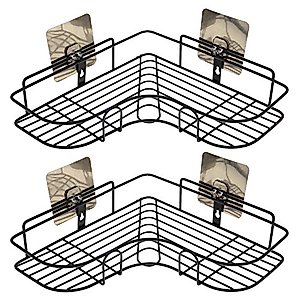 2pcs Corner Shelf Shower Caddy Organizer Bathroom Storage Holder with Hooks Toilet Kitchen No Drilling Black