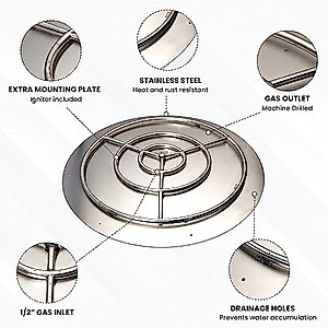 Dreffco Stainless Steel Fire Pit Burner Pan & Ring Standard Kit with Spark Ignition for Natural Gas, 36-Inch Pan, 30-Inch Ring, 200,000 BTU Max