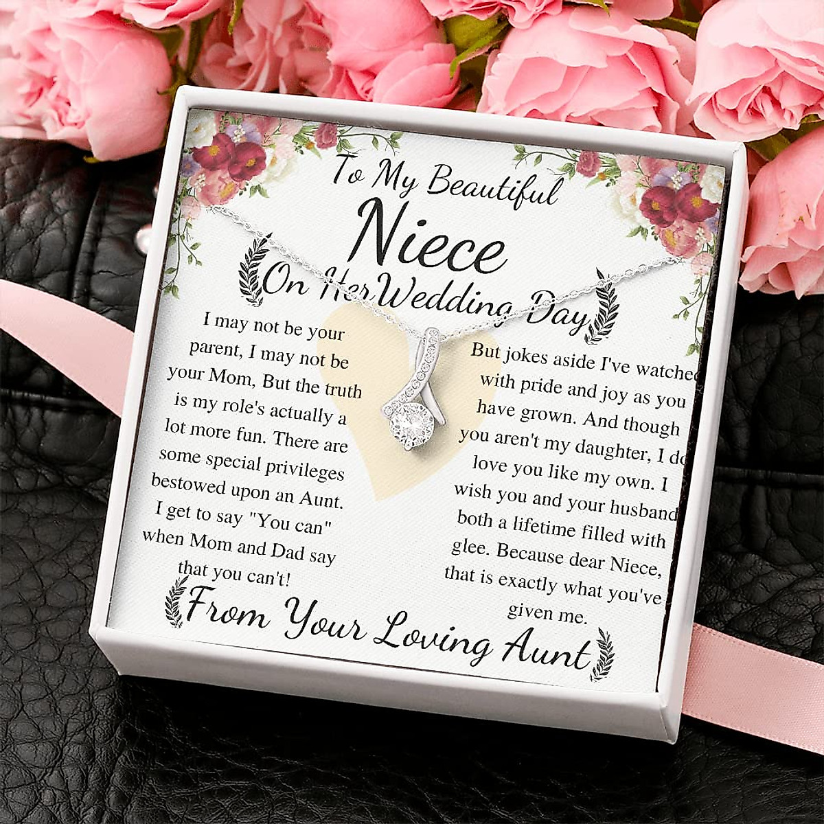 Meaningful Jewelry Gift Alluring Necklace To My Beautiful Niece From Aunt on Her Wedding Day, keepsake gift with Personalized heart touching Message Card (Standard Black box)