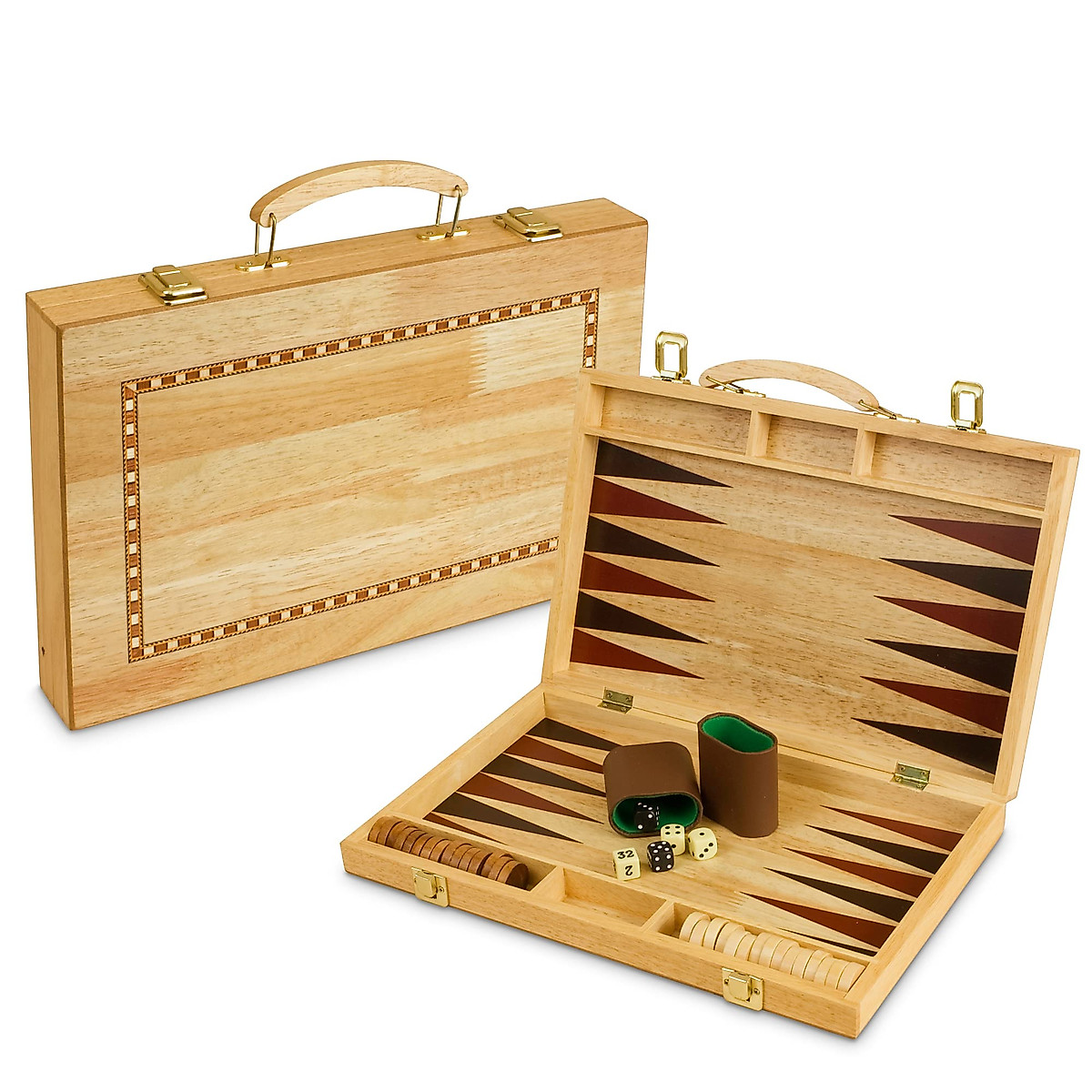 Sterling Games Wooden Backgammon Set for Adults, 15" Foldable Backgammon Board Game Set with Travel Handle and Metal Clasps