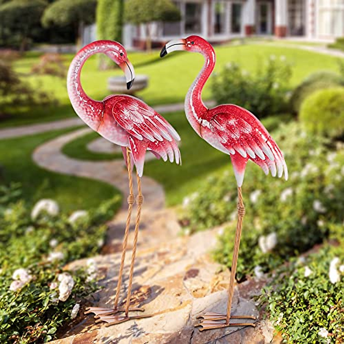 Natelf Pink Flamingo Yard Decorations, Metal Garden Statues and Sculptures, Standing Bird Lawn Ornaments for Patio Backyard Pond Decorations…