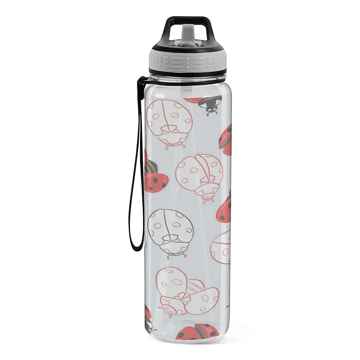 Oyihfvs Red Ladybugs Ladybug with Wings Open Hand Drawn Ladybugs Transparent Sports Water Bottle 32 Oz, with Straw Lid Leakproof Reusable Water Bottle, Water Bottle for Fitness Gym Outdoor