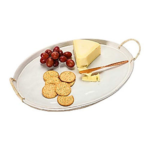 Creative Co-Op Stoneware Platter with Rattan Wrapped Handles, Reactive Glaze, White & Brown (Each One Will Vary) Tray