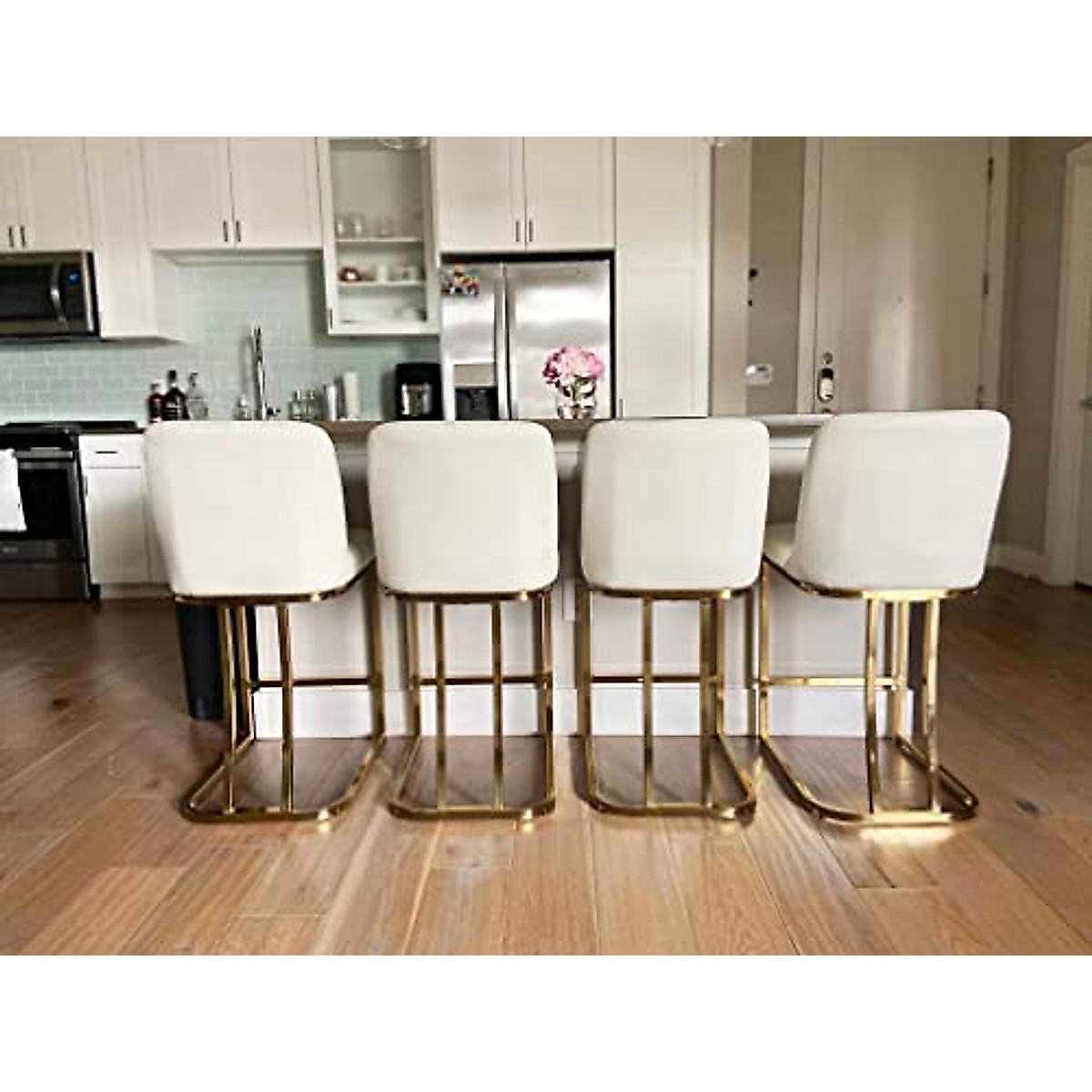 Erste!Bravo Creamy White Counter Height Bar Stools Set of 4 for Kitchen Counter 24 Inch Modern Gold Barstools with Back Faux Leather Upholstered Farmhouse Bar Chairs Island Stools, Creamy White+Gold