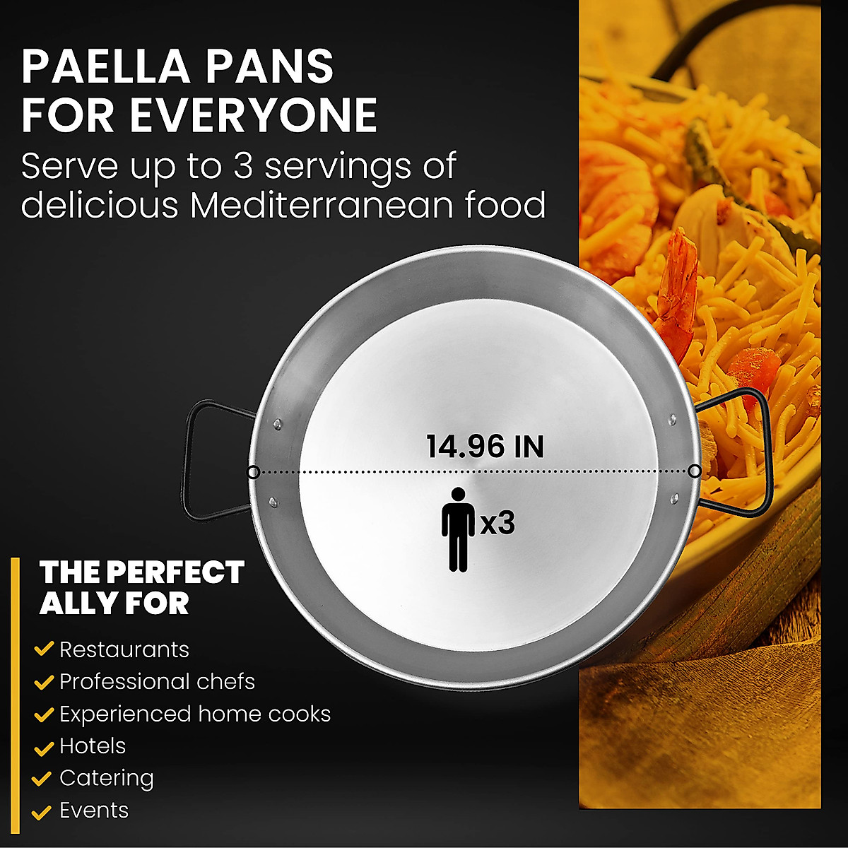 Machika Carbon Steel Pan | Professional Induction Cookware | Premium Polished Skillet for Cooking Mediterranean Food, Steaks & More | Ideal for Restaurants, Catering, Events | 3 Servings | 15 in |