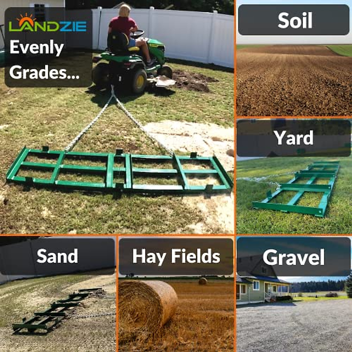 LANDZIE Drag Harrow Driveway Grader Landscape Power Rake for ATV, UTV, Tractor, Mower - 4 Ft Reinforced Steel (Two 2 ft Sections) - Tow Behind Yard Lawn Leveling Tool with 4 Ft Heavy Duty Chain