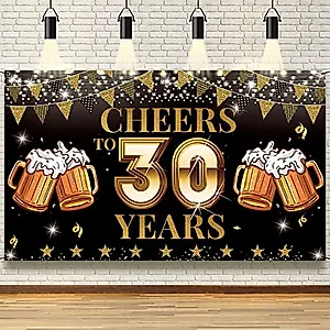 Cheers to 30 Years Backdrop Banner, Happy 30th Birthday Decorations for Men Women, 30th Anniversary, Class Reunion Backdrop, Black Gold 30 Years Celebration Party Decoration, Vicycaty (6.1ft x 3.6ft）
