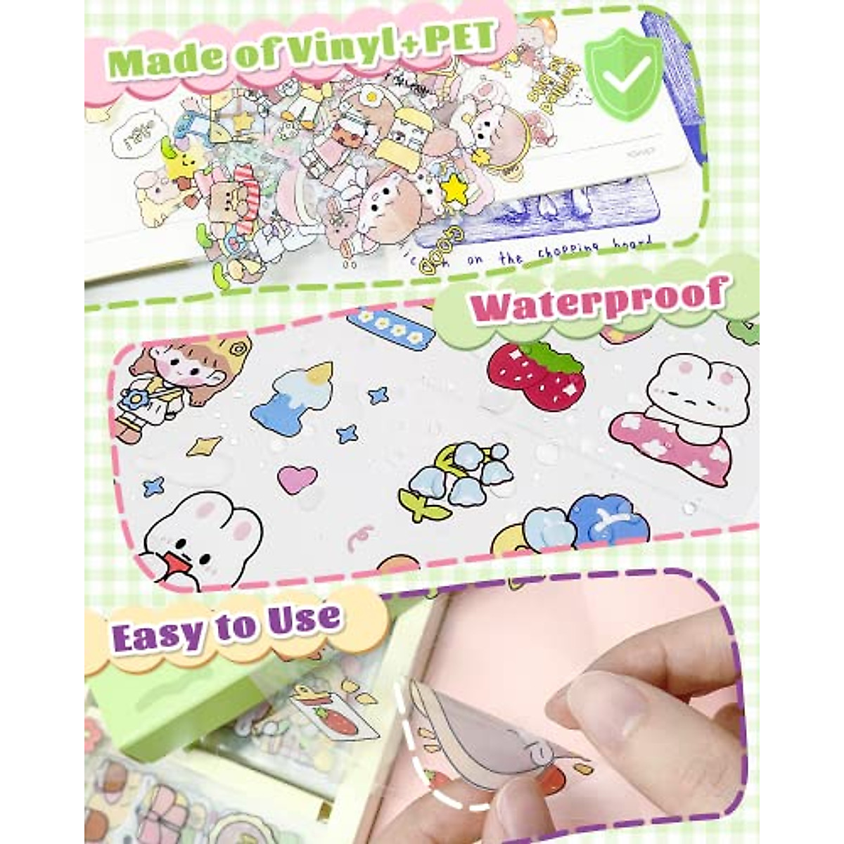 Benresive 1000 Pcs Cute Stickers for Kids, Water Bottle Stickers Kawaii Waterproof Vinyl Scrapbook Phone Laptop Stickers, 100 Sheets Journaling Aesthetic Sticker Packs for Girls Teens（Green）