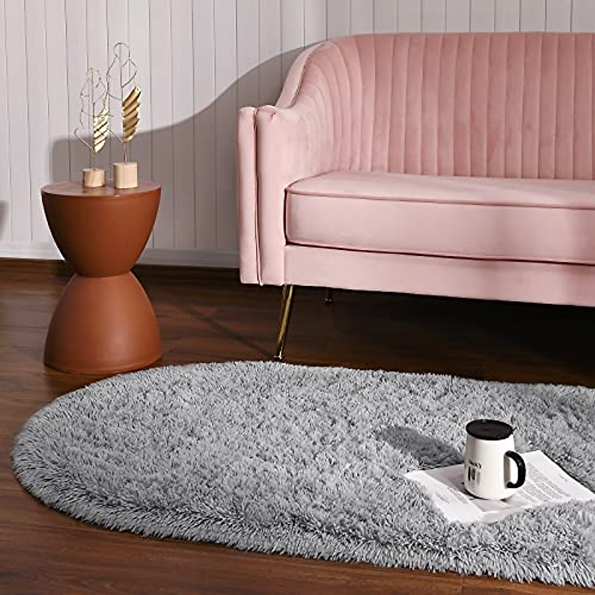 Softlife Fluffy Rugs for Bedroom, Shag Cute Area Rug for Girls and Kids Baby Room Home Decor, 2.6 x 5.3 Feet Oval Indoor Carpet for Nursery Dorm Living Room, Grey