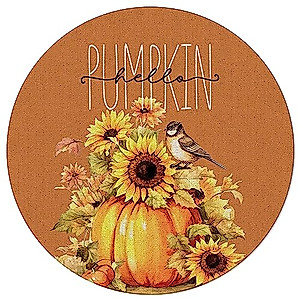 Pumpkin Sunflower Round Area Rug 3.3ft,Washable Outdoor Indoor Carpet Runner Rug for Bedroom,Kitchen,Living Room,Office,Area+Rug Small Bath Door Desk Floor Mat Fall Thanksgiving Harvest Autumn Orange