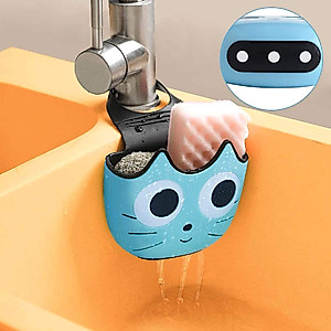 QTMY 2 PACK Cat Sponge Holder Basket with Buckle,Sink Faucet Caddy Hanging Drain Rack, Gadget Soap Brush Desk Pen Organizer for Kitchen Bathroom,Green Blue