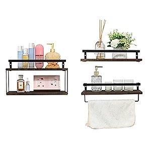 Rustic Floating Shelves With Metal Rack, Wood Floating Shelves Set of 4, Wall Mounted Floating Bathroom Shelves,Black Floating Shelves For Bathroom for Kitchen,Living Room,Bedroom, Coffee Bar, Office