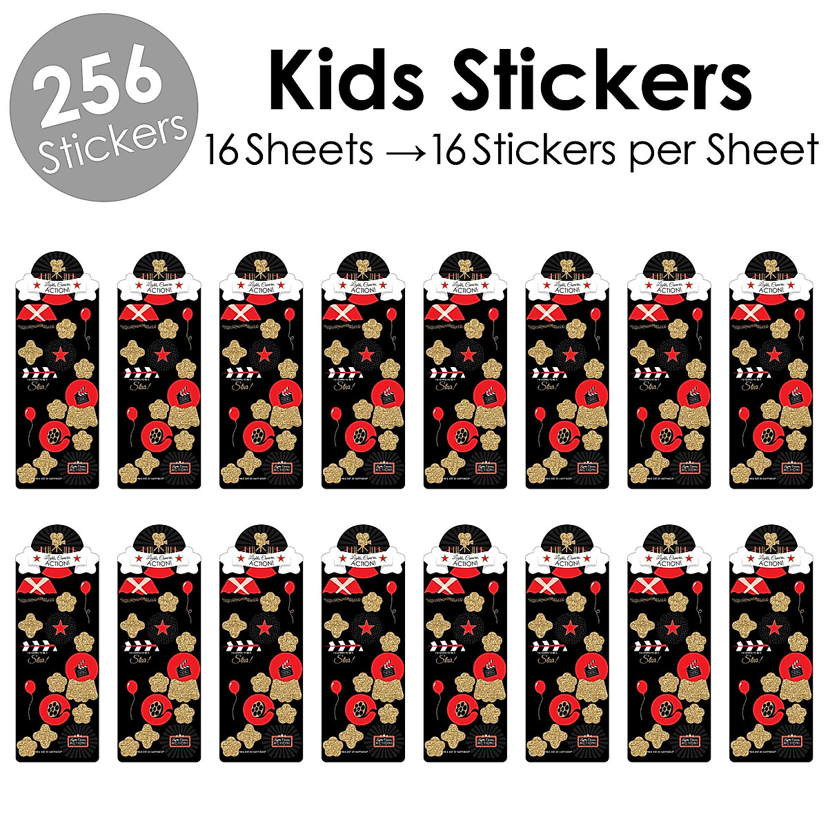 Big Dot of Happiness Red Carpet Hollywood - Movie Night Birthday Party Favor Kids Stickers - 16 Sheets - 256 Stickers