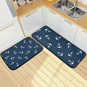 BOENLE Kitchen Rugs and Mats Non Skid Washable Kitchen Rug Set 2 Piece Blue Anchor Carpet Ergonomic Comfort Standing Mat for Kitchen,Bathroom, Laundry