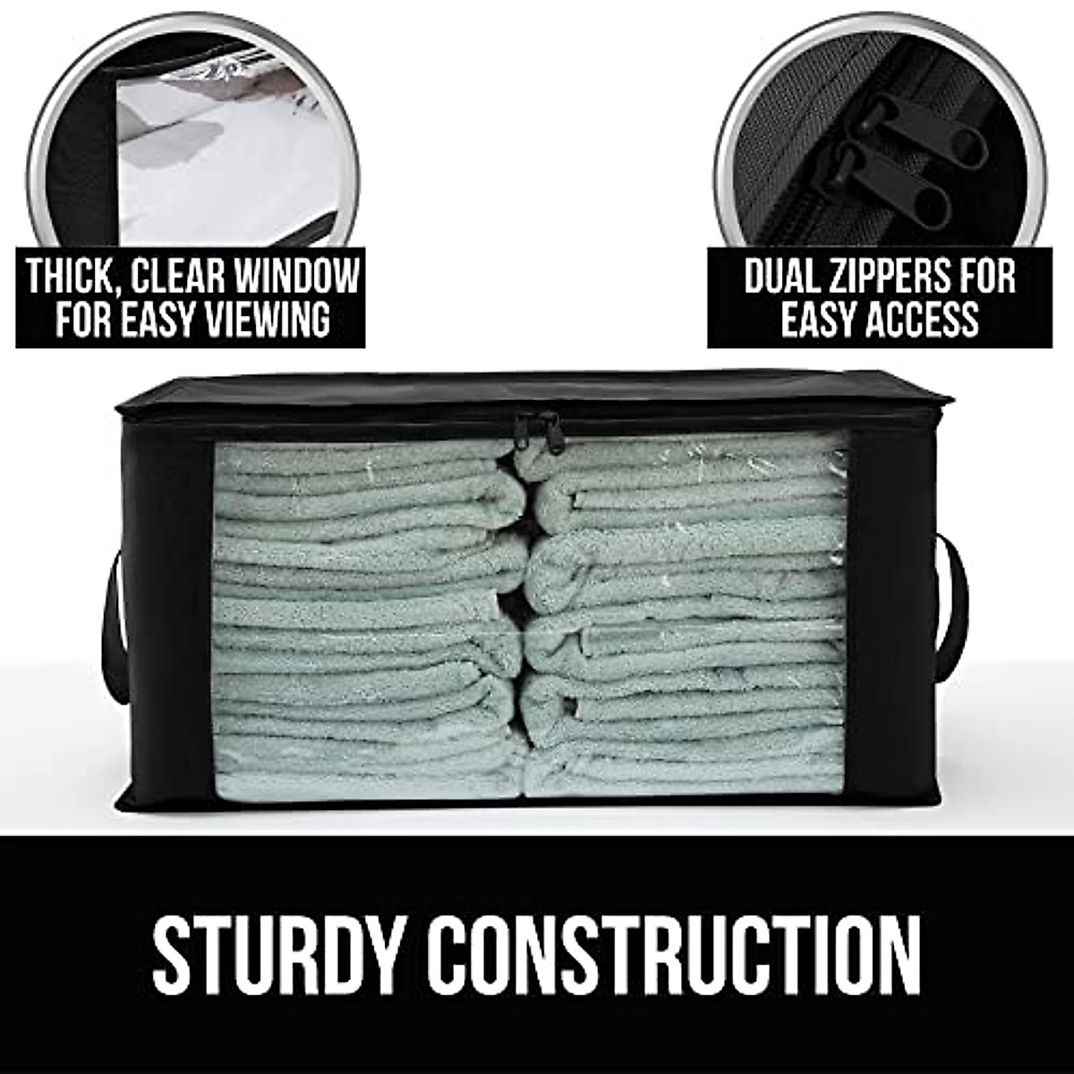 Gorilla Grip Large Capacity 4 Pack Clothes Storage Bag Organizer, 90L, Reinforced Handles, Thick Fabric for Blankets, Bedding, Clothing, Foldable Zipper Container Bags, Clear Window Closet Totes Black