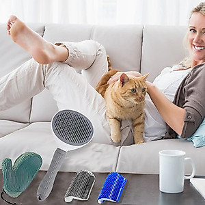 4 Pcs Cat Brush Kit for Indoor Cats, Self-Cleaning Slicker Cat Brush, Cat Brush Glove, and 2 Cat Wall Scratchers for Easy Shedding, Detangling, and Relaxing Grooming for Long and Short-Haired Cats