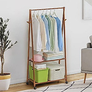 MoNiBloom Bamboo Garment Rack with Wheels Coat Rack Stand Clothes Rack with 2-Tier Storage Rack for Bedroom Living Room Entryway Home Office (Length 29.5", Brown)