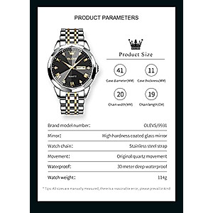 OLEVS Men Watches Business Dress Diamond Analog Quartz Date Luxury Wrist Watch Black Casual Stainless Steel Waterproof Luminous Two Tone Watch for Men