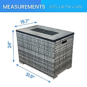 Modenzi Fire Pit Propane Gas Outdoor Rectangular Table Ceramic Tile Tabletop Handwoven PE Wicker with Auto Ignition, Lid, Weather Cover and Glass Beads (Grey)