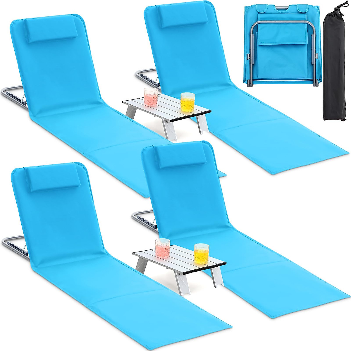 Beeveer 4 Pack Beach Lounge Chaise Chairs with 2 Folding Side Tables Portable Tanning Chair 5 Position Adjustable Lightweight Camping Chair for Sunbathing, Outdoor Yard, Lawn (Lake Blue)
