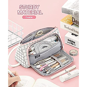Large Capacity Pencil Case Pen Bag, Pencil Bag Stationery Storage Pencil Pouch, Handheld Makeup Pouch Holder Multi-Compartment Organizer College School Office Supplies for Teen Christams Gift(Grid)
