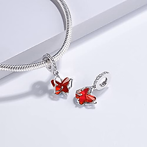 Butterfly Charm for Bracelet 925 Sterling Silver Red Butterfly Dangle Charm for Charm Bracelet and Necklace Birthday Mothers Valentines Day Flower Jewelry Gifts for Women