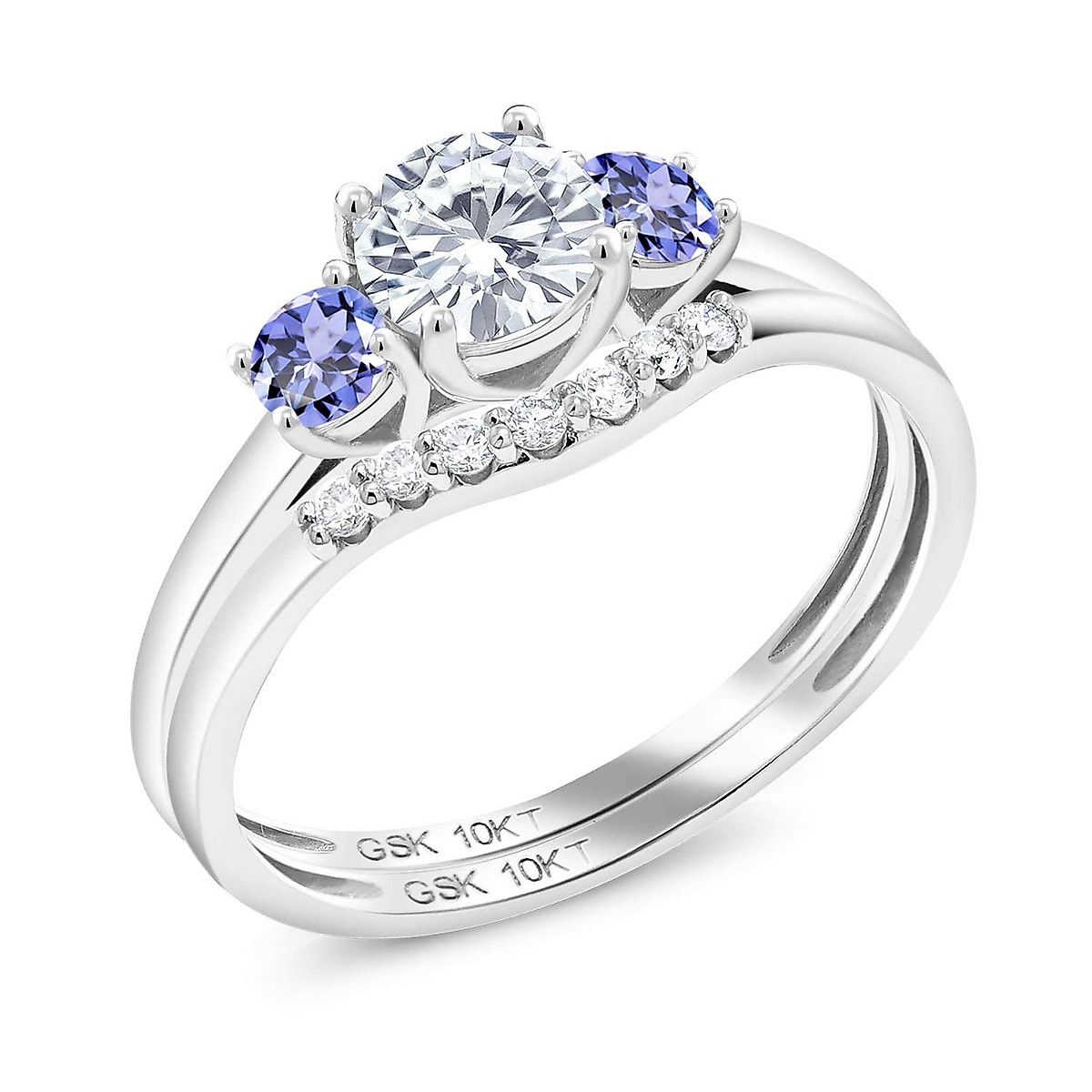 10K White Gold Forever Brilliant Moissanite From Charles & Colvard and Blue Tanzanite and White Lab Grown Diamond 3-Stone Bridal Engagement Wedding Ring Set For Women (0.81 Cttw, Round 5MM, Size 5)