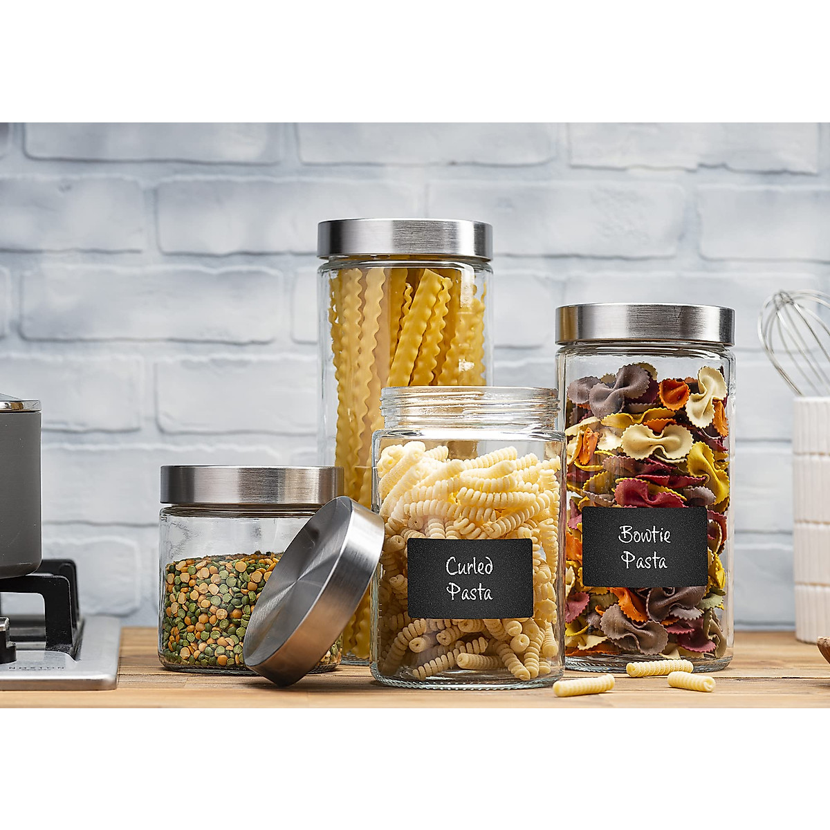 4pc Canister Sets for Kitchen Counter or Bathroom + Labels & Marker, Glass Cookie Jars with Airtight Lids - Food Storage Containers with Lids Airtight for Pantry - Flour, Sugar, Coffee, Cookies, etc.