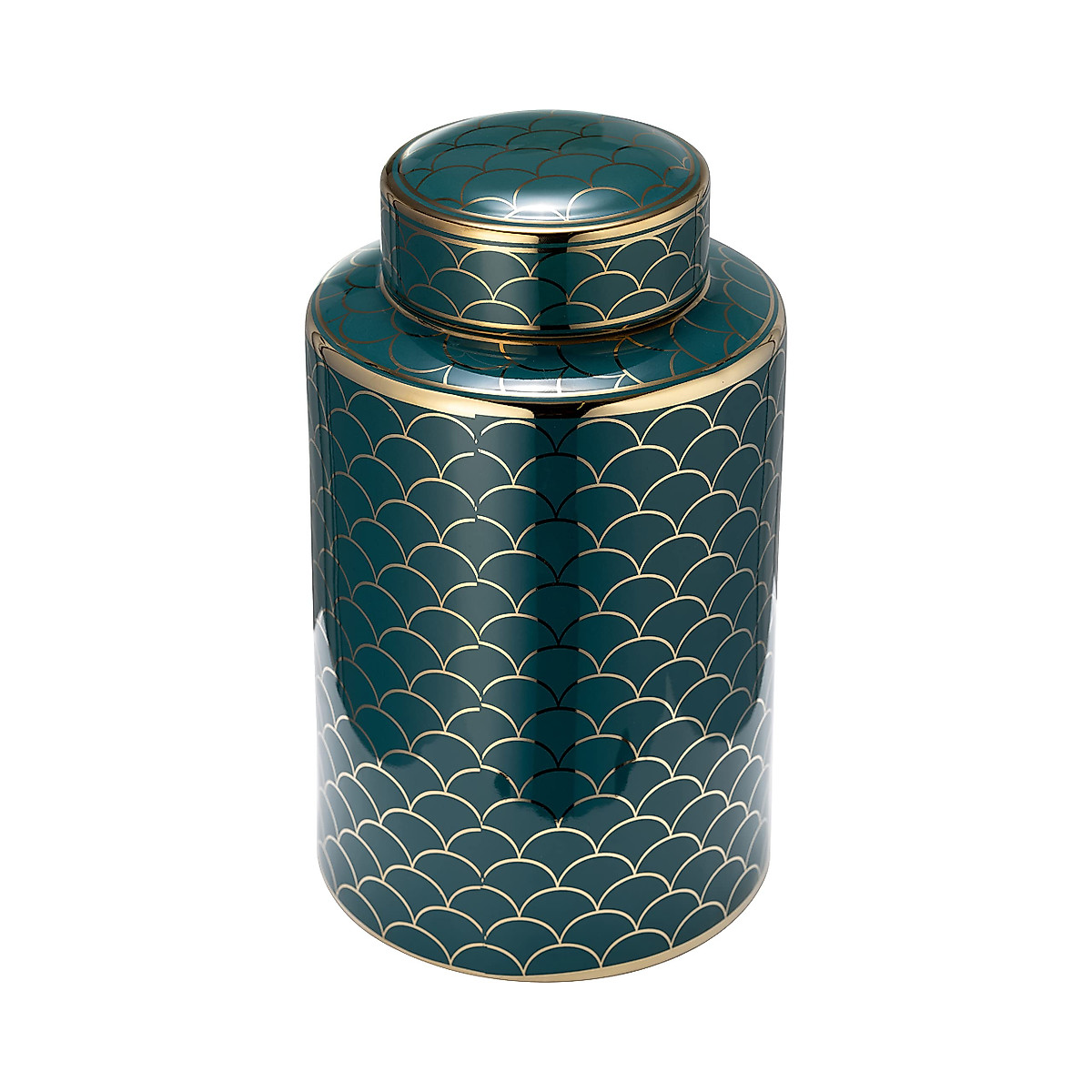 12" Jar with Lid - Modern Ceramic Dark Green and Gold Crackle Design Stoneware - Decorative Jar for Home or Office Accent
